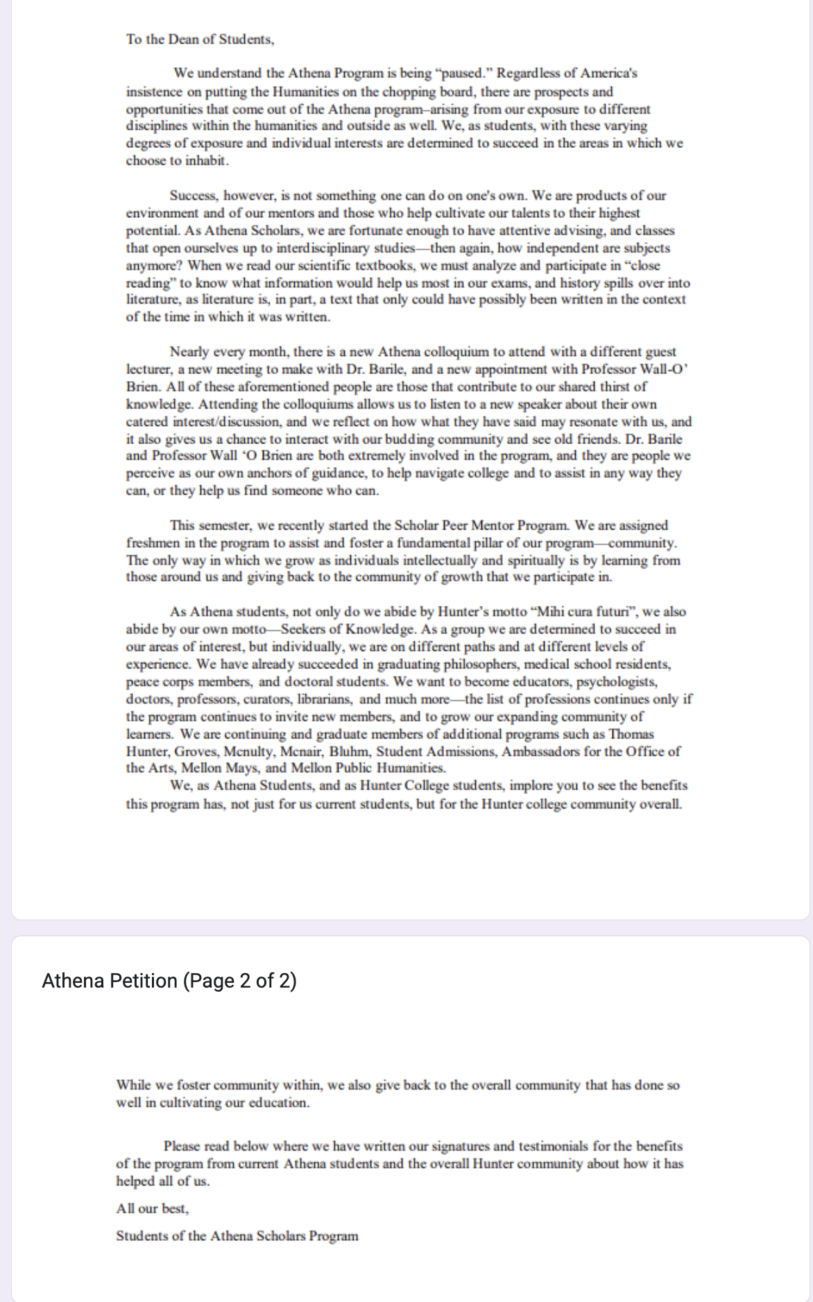 Hunter To Pause Athena Honors Program – The Envoy